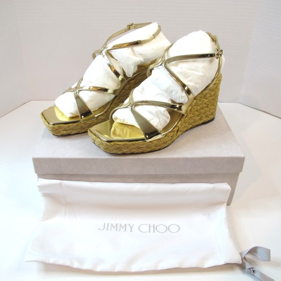 Jimmy Choo | Shoes | Jimmy Choo Ayla 85 Gold Leather Raffia Wedge ...